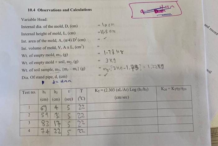 Solved 10.4 Observations and Calculations Variable Head: | Chegg.com