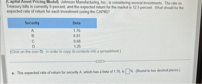 Solved (Expected rate of return using CAPM) a. Compute the | Chegg.com