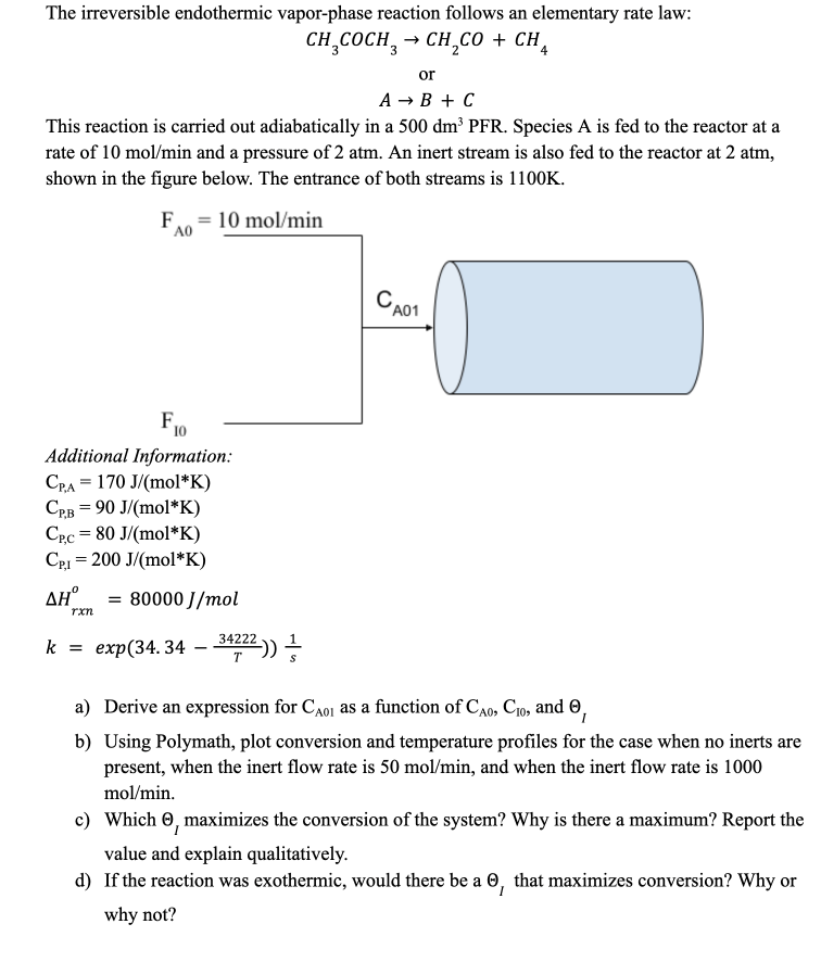 Solved The irreversible endothermic vapor-phase reaction | Chegg.com