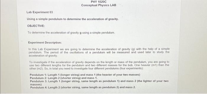 Solved Lab Experiment 03 Using A Simple Pendulum To Chegg