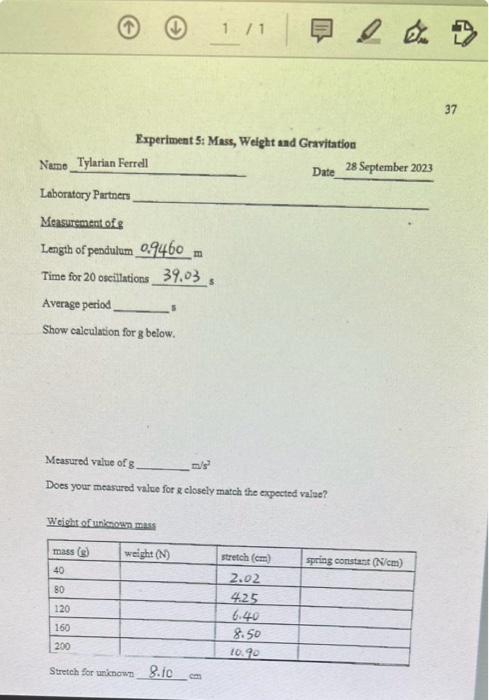 Solved Experiment 5: Mass, Weight and Gravitation Name | Chegg.com