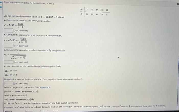 Solved Gven are five obscrvations for two variables, z and | Chegg.com
