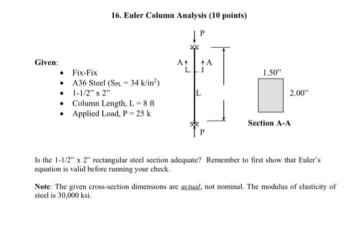 Solved 16. Euler Column Analysis (10 points) P AA AA LE | Chegg.com