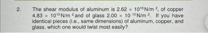 Solved The shear modulus of aluminum is 2.62×1010 N/m2, of | Chegg.com