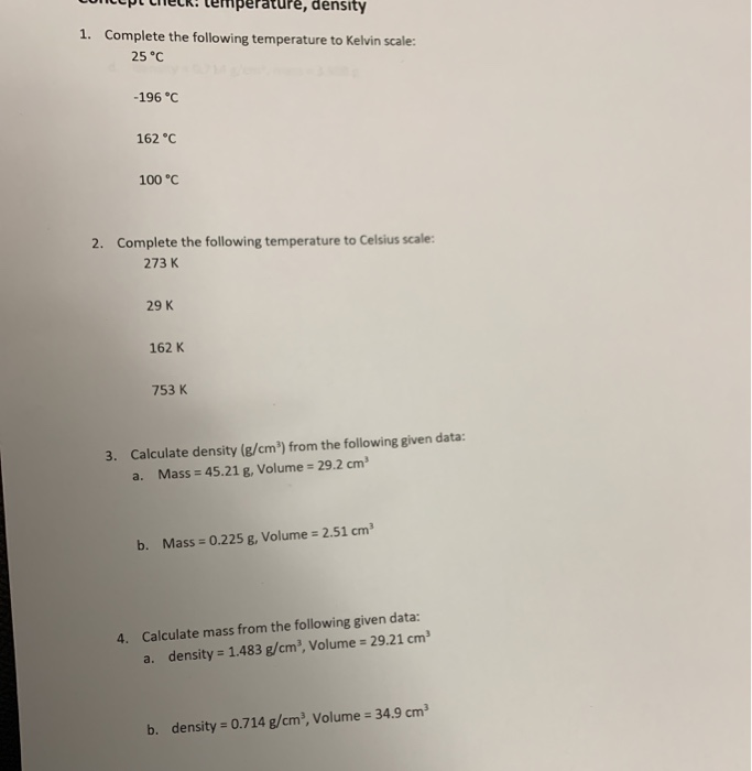 Solved Concept Check! temperature, density 1. Complete the | Chegg.com