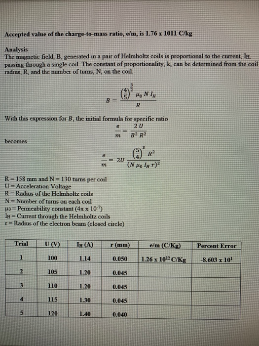 Solved e/m ratio Calculations. Complete the table. HELP! the | Chegg.com