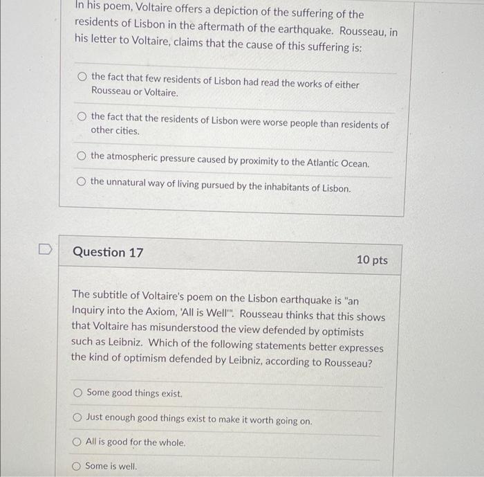 In his poem, Voltaire offers a depiction of the | Chegg.com