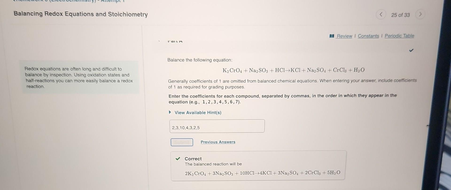 Solved Balancing Redox Equations and Stoichiometry 25 of 33 | Chegg.com