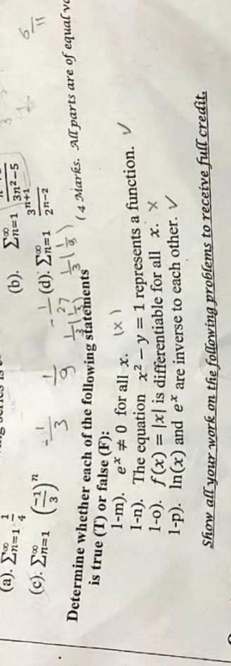 Solved (a). ∑n=1∞41 (c). ∑n=1∞(3−1)n−3191−271 (d). | Chegg.com