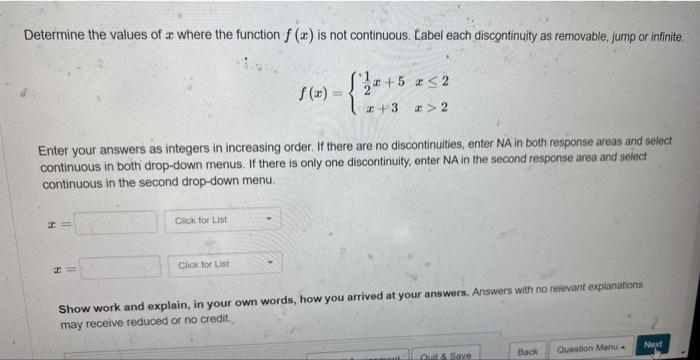 Solved Determine the values of x where the function f(x) is | Chegg.com