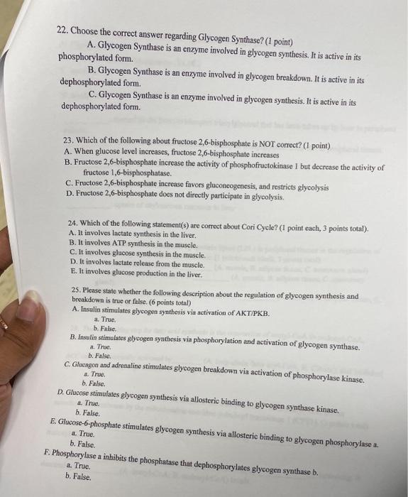 Solved 22. Choose the correct answer regarding Glycogen | Chegg.com