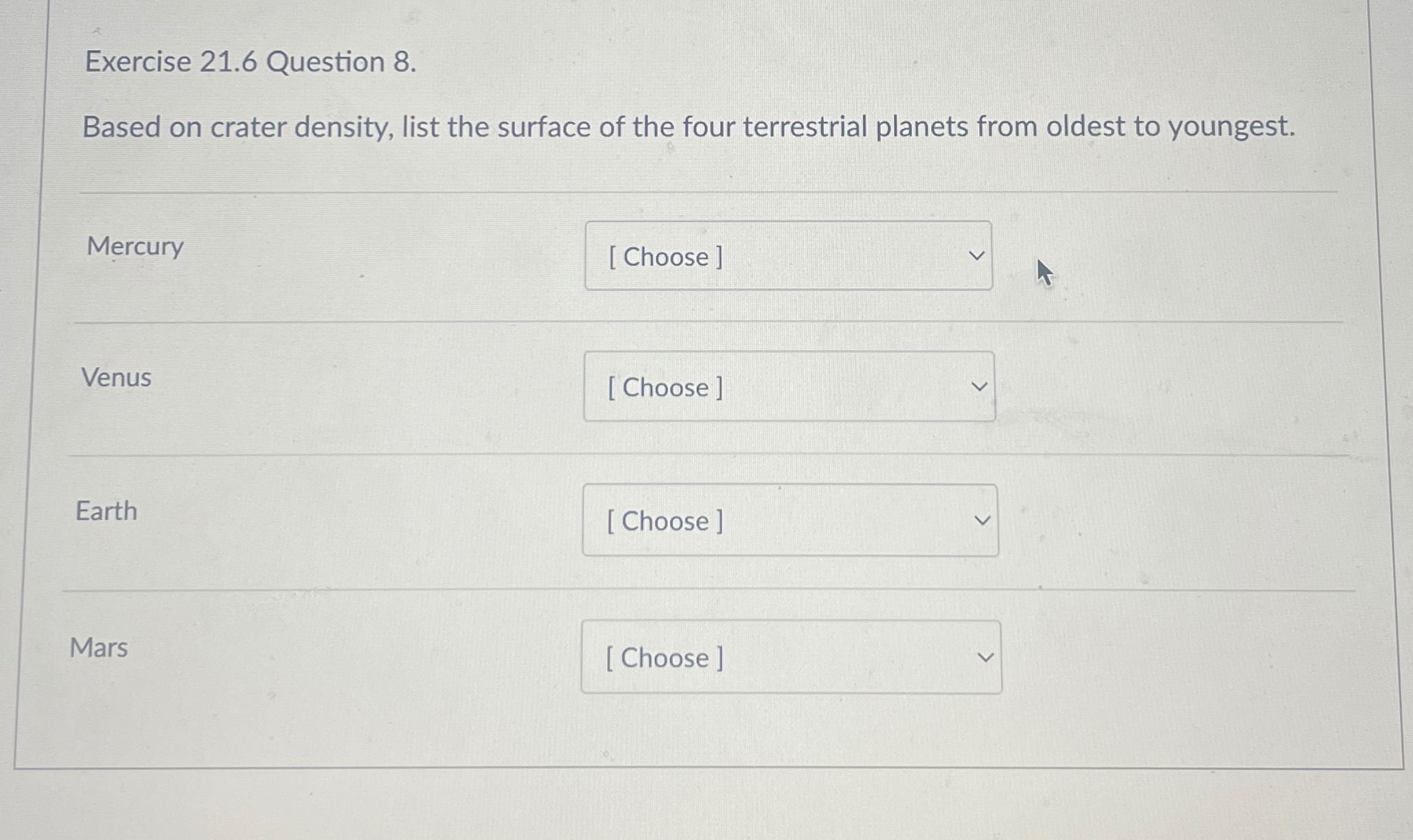 Solved Exercise 21.6 ﻿Question 8.Based on crater density, | Chegg.com