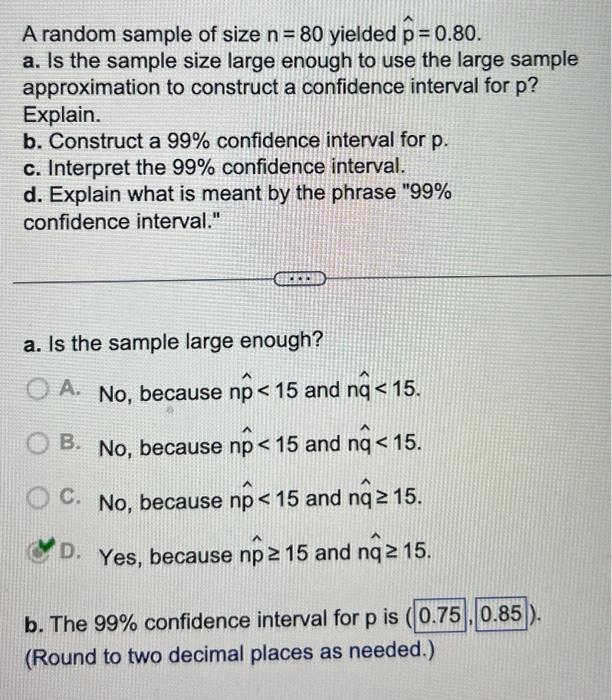Solved A random sample of size \\( n=80 \\) yielded \\( | Chegg.com