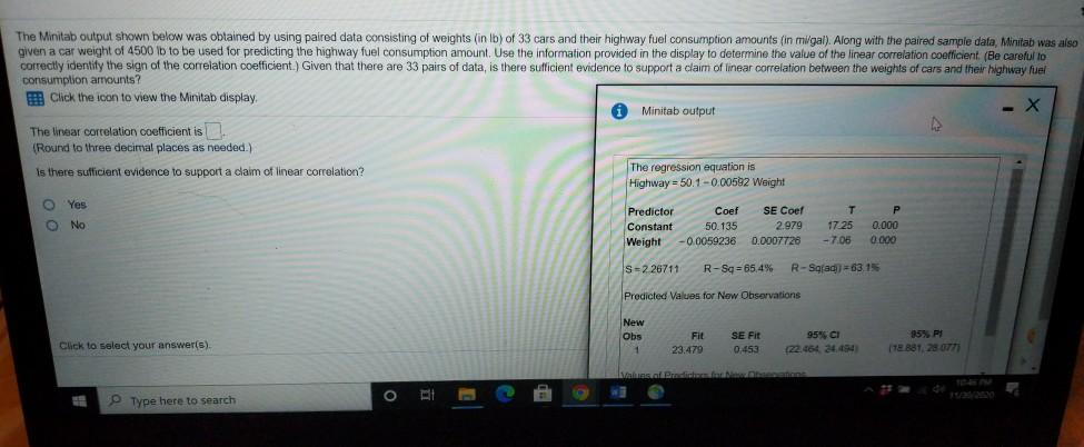 Solved The Minitab output shown below was obtained by using | Chegg.com