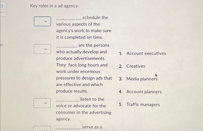 Solved 3 on Key roles in a ad agency schedule the various | Chegg.com
