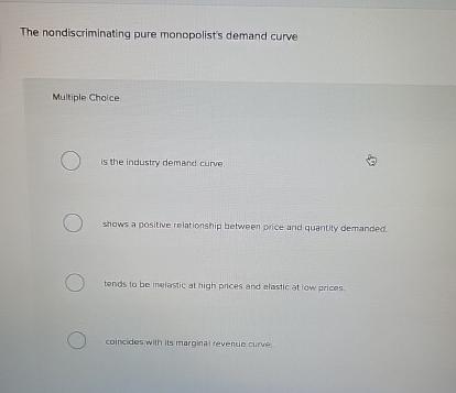 Solved The nondiscriminating pure monopolist's demand | Chegg.com