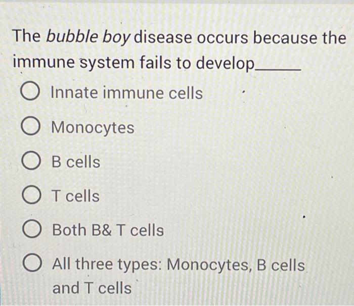 Solved The bubble boy disease occurs because the immune | Chegg.com