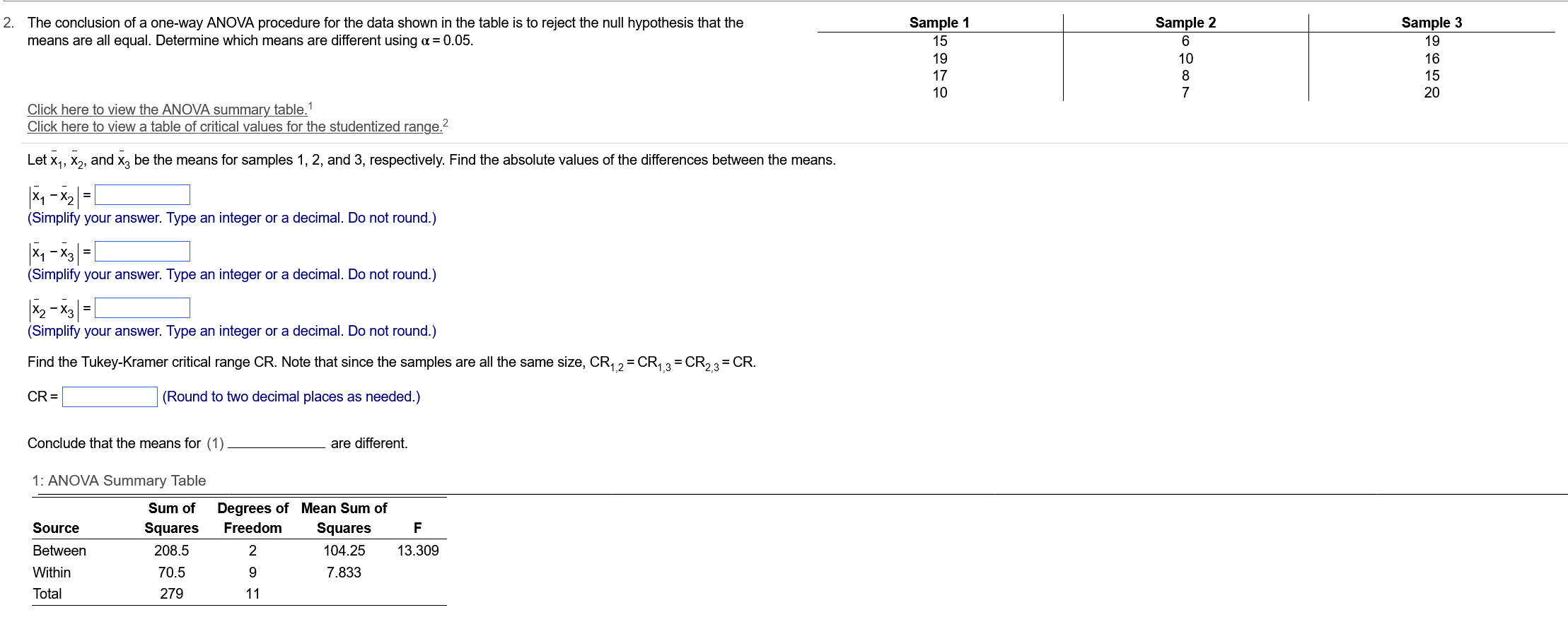 Solved The conclusion of a one-way ANOVA procedure for the | Chegg.com