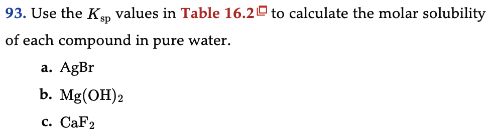 Use the Ksp ﻿values in Table 16.2 ﻿to calculate the | Chegg.com