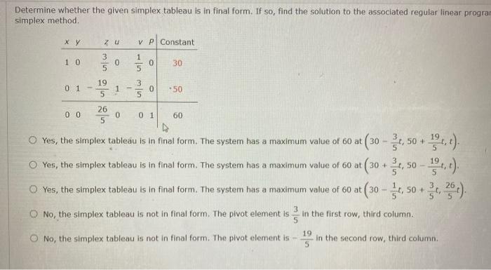 Solved Determine whether the given simplex tableau is in | Chegg.com
