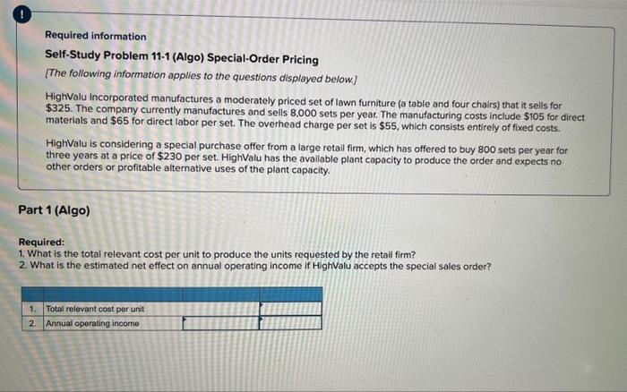 Solved Required information Self-Study Problem 11-1 (Algo) | Chegg.com