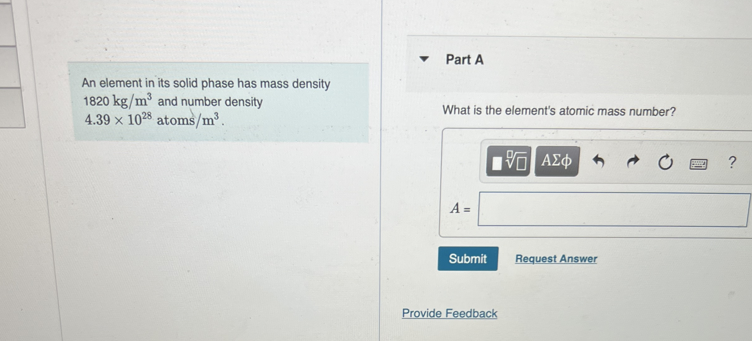 Solved An element in its solid phase has mass density | Chegg.com