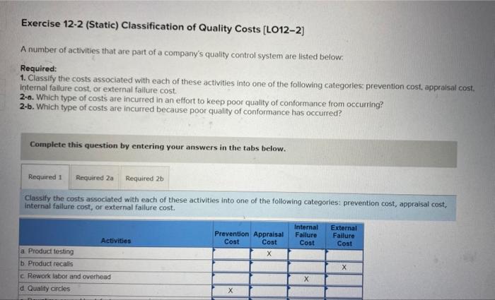 Solved Exercise 12−2 (Static) Classification of Quality | Chegg.com