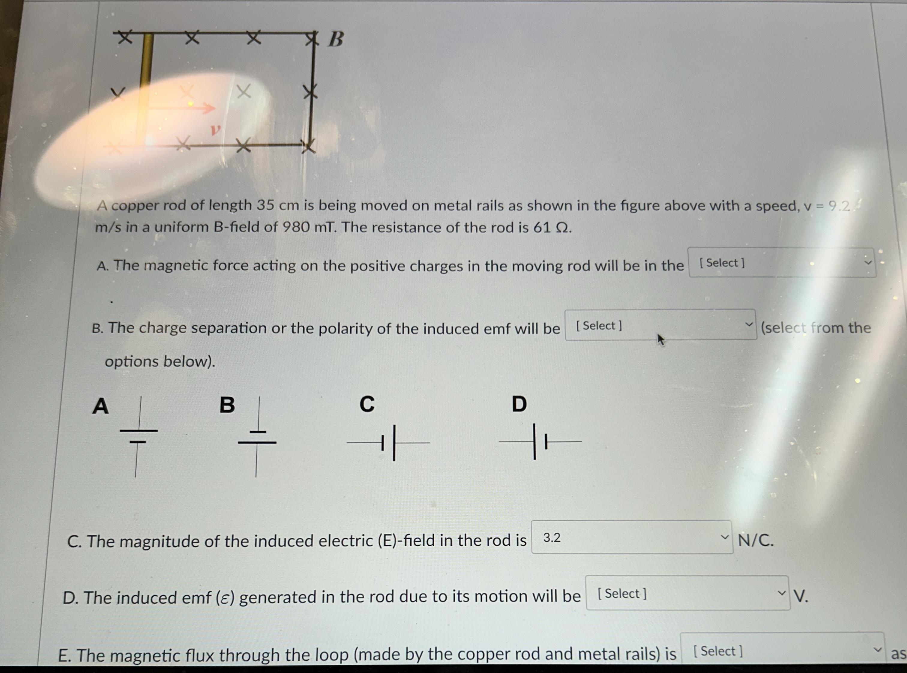 Solved A copper rod of length 35 ﻿cm is being moved on metal | Chegg.com
