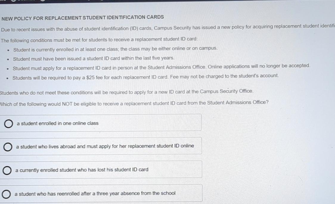Solved NEW POLICY FOR REPLACEMENT STUDENT IDENTIFICATION | Chegg.com
