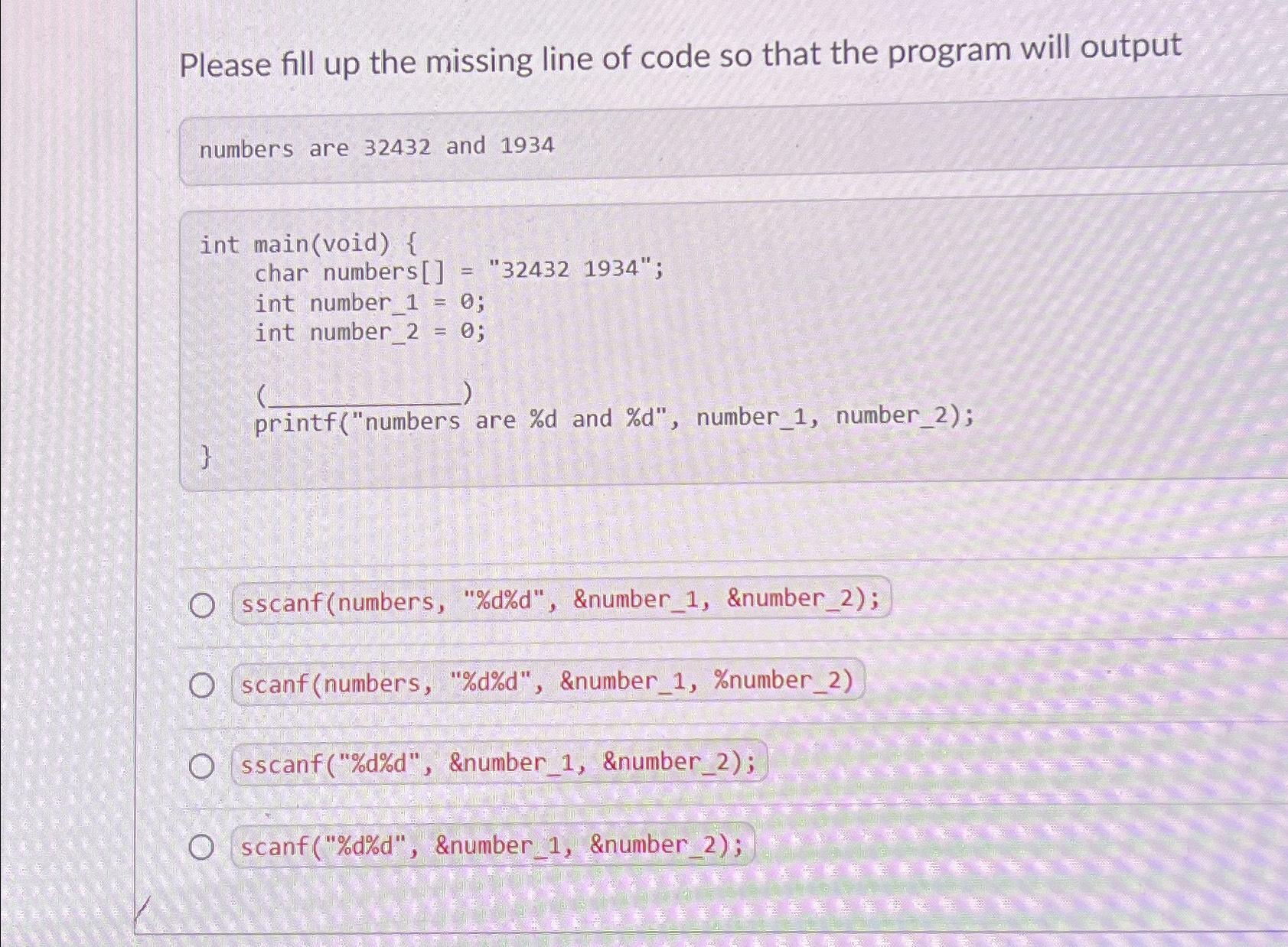 Solved Please fill up the missing line of code so that the | Chegg.com