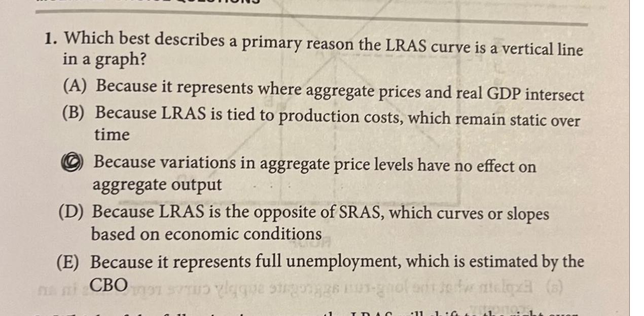Solved Which best describes a primary reason the LRAS curve | Chegg.com
