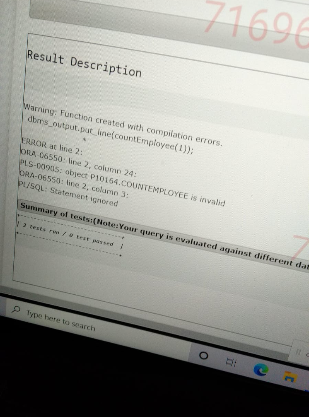 Solved Write a PL/SQL function to count the number of | Chegg.com