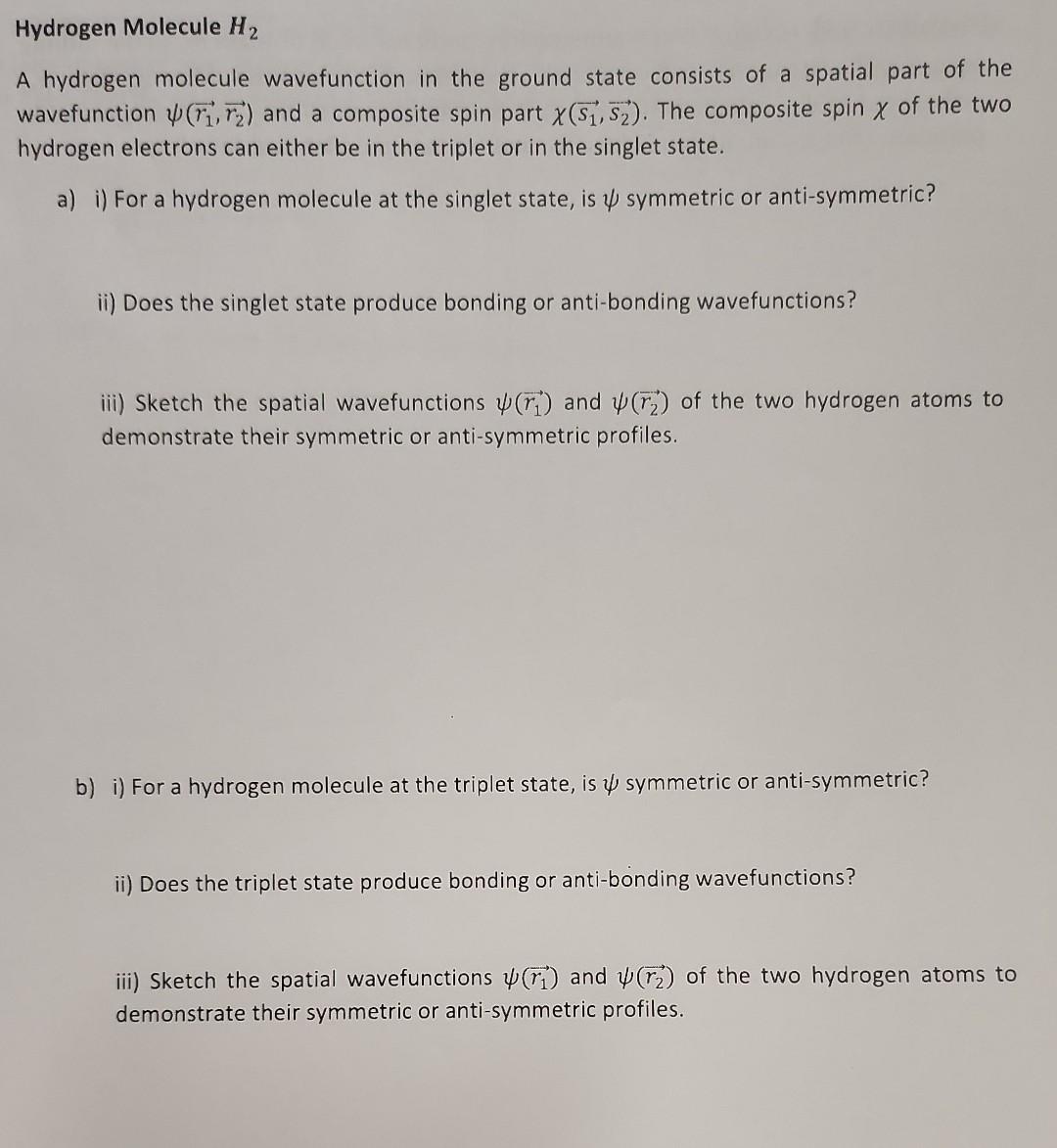 Solved Hydrogen Molecule H2 A hydrogen molecule wavefunction | Chegg.com