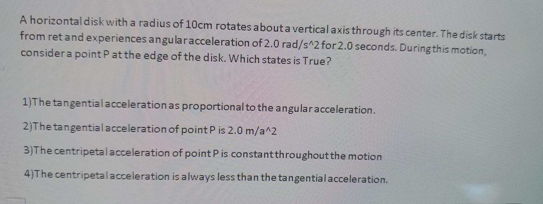 Solved A horizontal disk with a radius of 10cm rotates about | Chegg.com