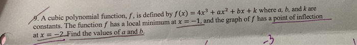 Solved 9. A cubic polynomial function, f. is defined by f(x) | Chegg.com
