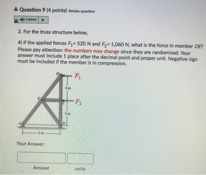 Solved 2. For the truss structure below, 3) using method of | Chegg.com