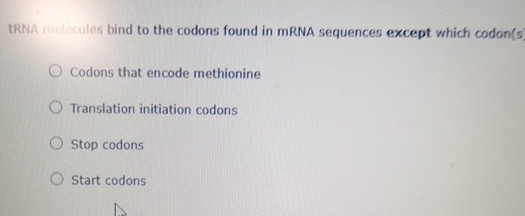 Solved tRNA molccules bind to the codons found in mRNA | Chegg.com