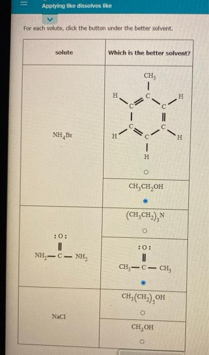 Solved Applying like dissolves like For each solute dick the | Chegg.com