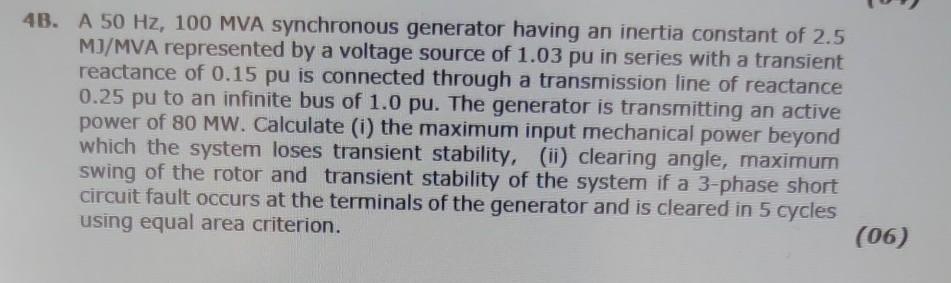 43. A 50 Hz, 100 MVA synchronous generator having an | Chegg.com