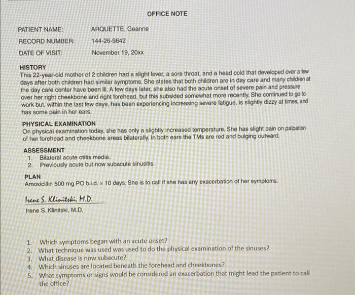 Solved 1. which symptoms begin with an acute onset?2. what | Chegg.com