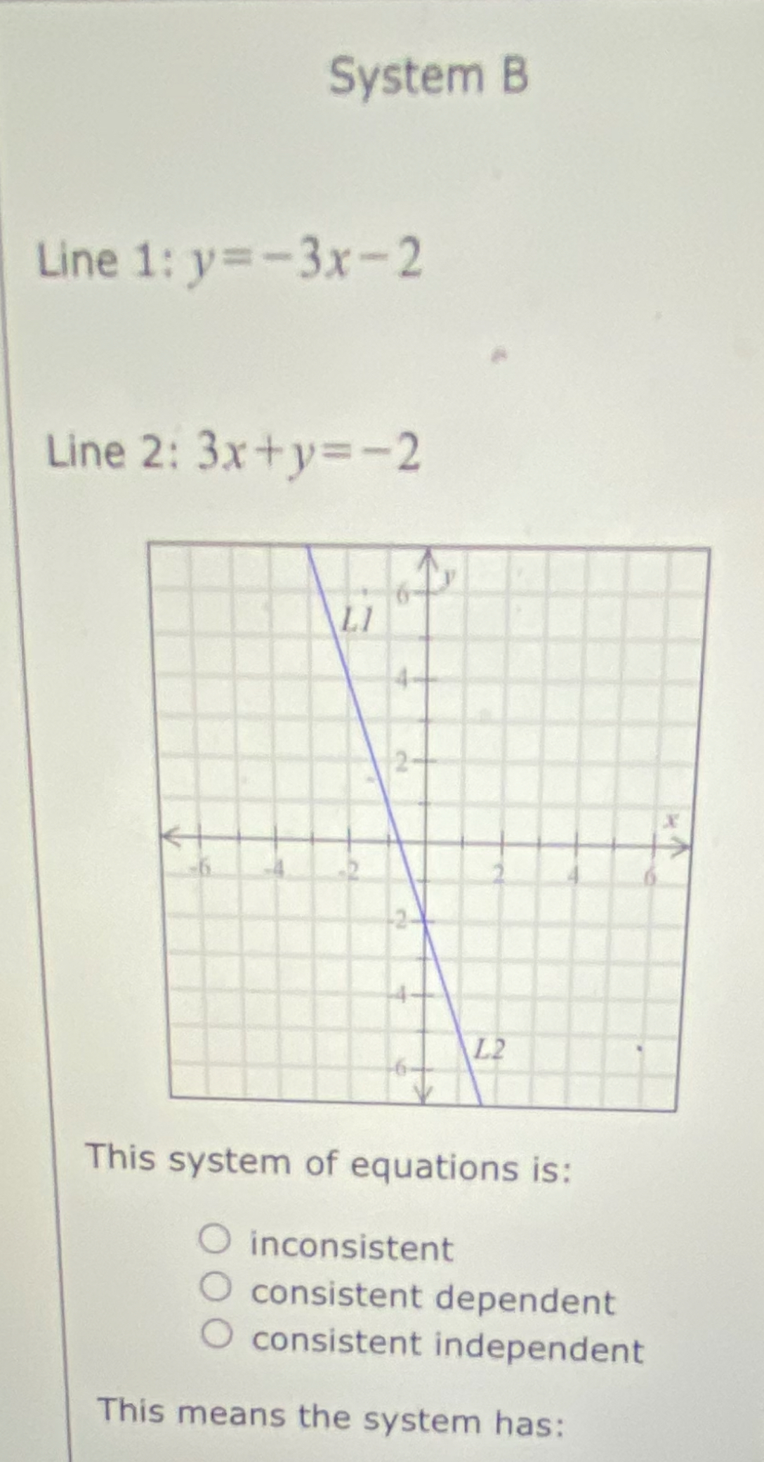 Solved System BLine 1: y=-3x-2Line 2: 3x+y=-2This system of | Chegg.com
