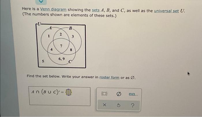 Solved Here is a Venn diagram showing the sets A, B, and C, | Chegg.com