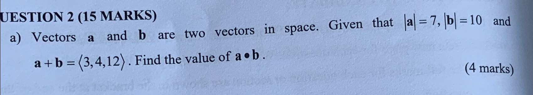 Solved a) ﻿Vectors a and b ﻿are two vectors in space. Given | Chegg.com