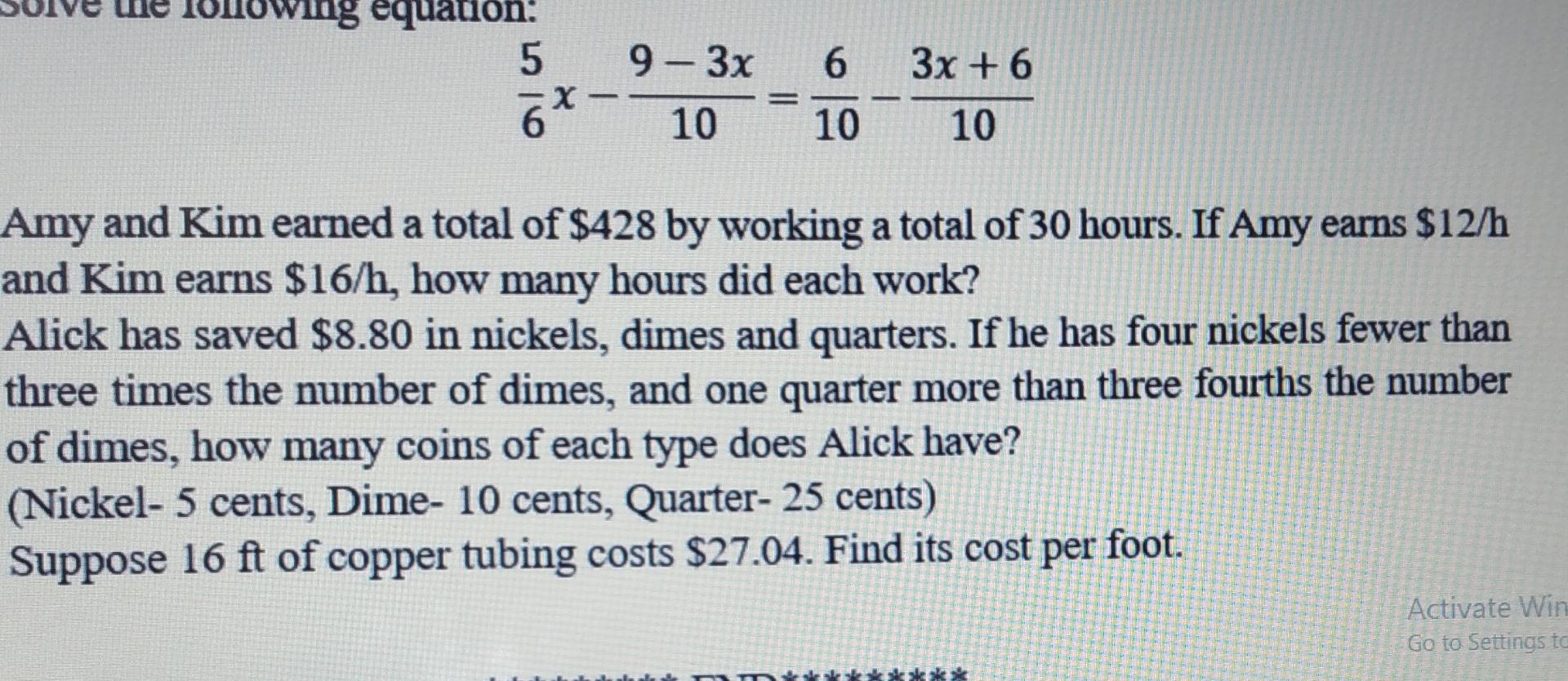 Solved ollowing equation: 5 9 - 3x 6 3x + 6 6x- 10 10 10 Amy | Chegg.com