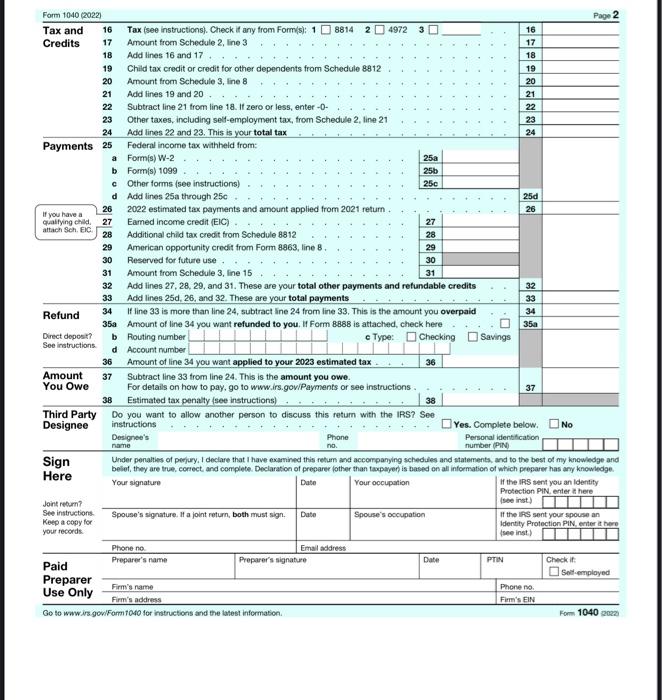 Preoare 2022 Tax Return using the information | Chegg.com