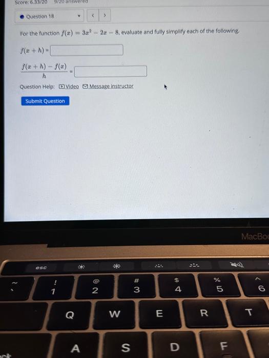 Solved For the function f(x)=3x2−2x−8, evaluate and fully | Chegg.com