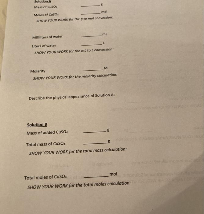 Solution A Mass of CuSO4 Moles of Cuso. mol SHOW YOUR | Chegg.com