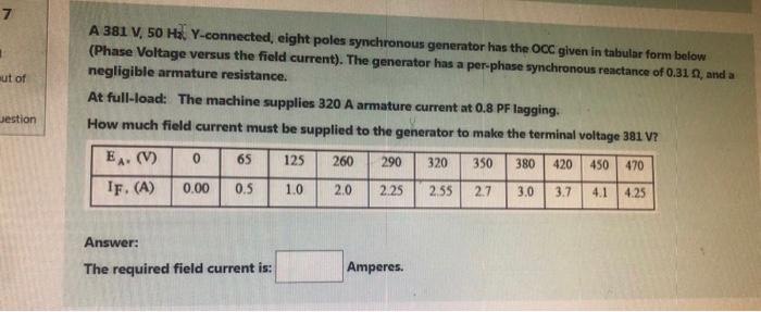Solved A 381 V,50 Hर. Y-connected, eight poles synchronous | Chegg.com