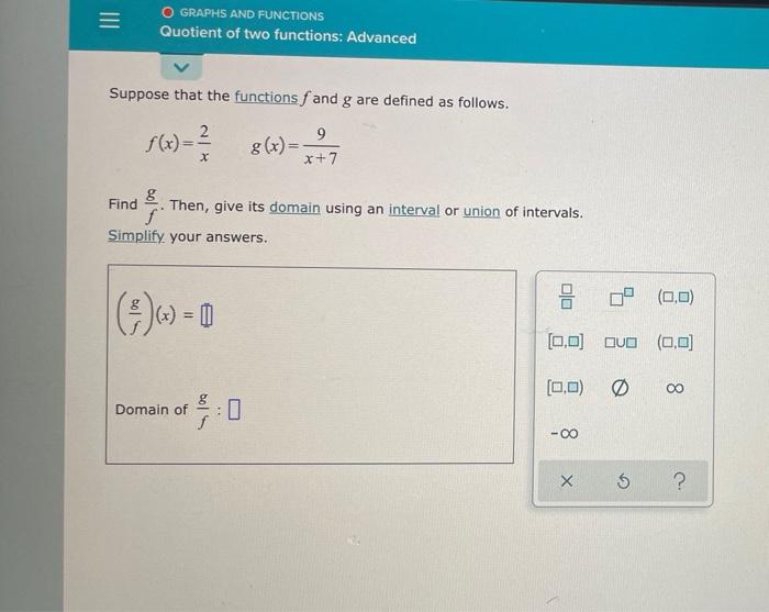 Solved = O GRAPHS AND FUNCTIONS Quotient of two functions: | Chegg.com
