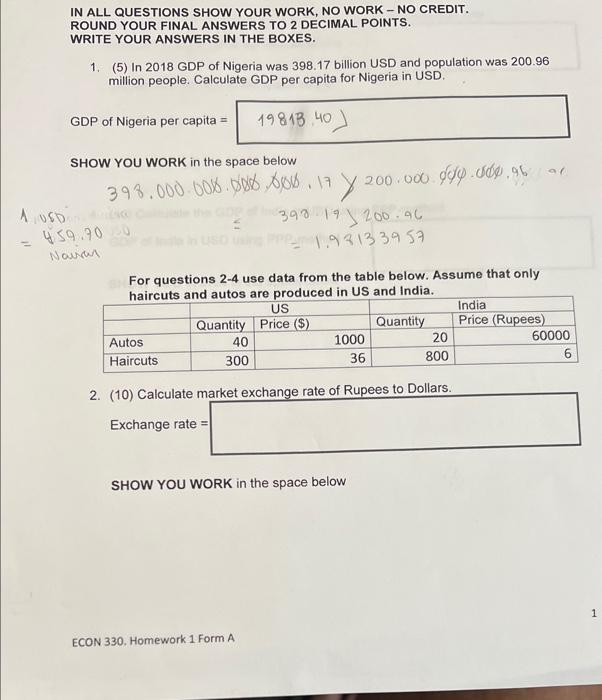 Solved IN ALL QUESTIONS SHOW YOUR WORK, NO WORK - NO CREDIT. | Chegg.com